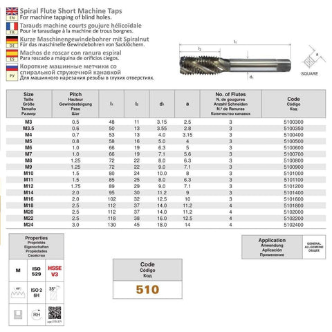 Somta Series 510 - HSSE-V Spiral Flute Tap Metric M14 x 2.0 (Standard ...